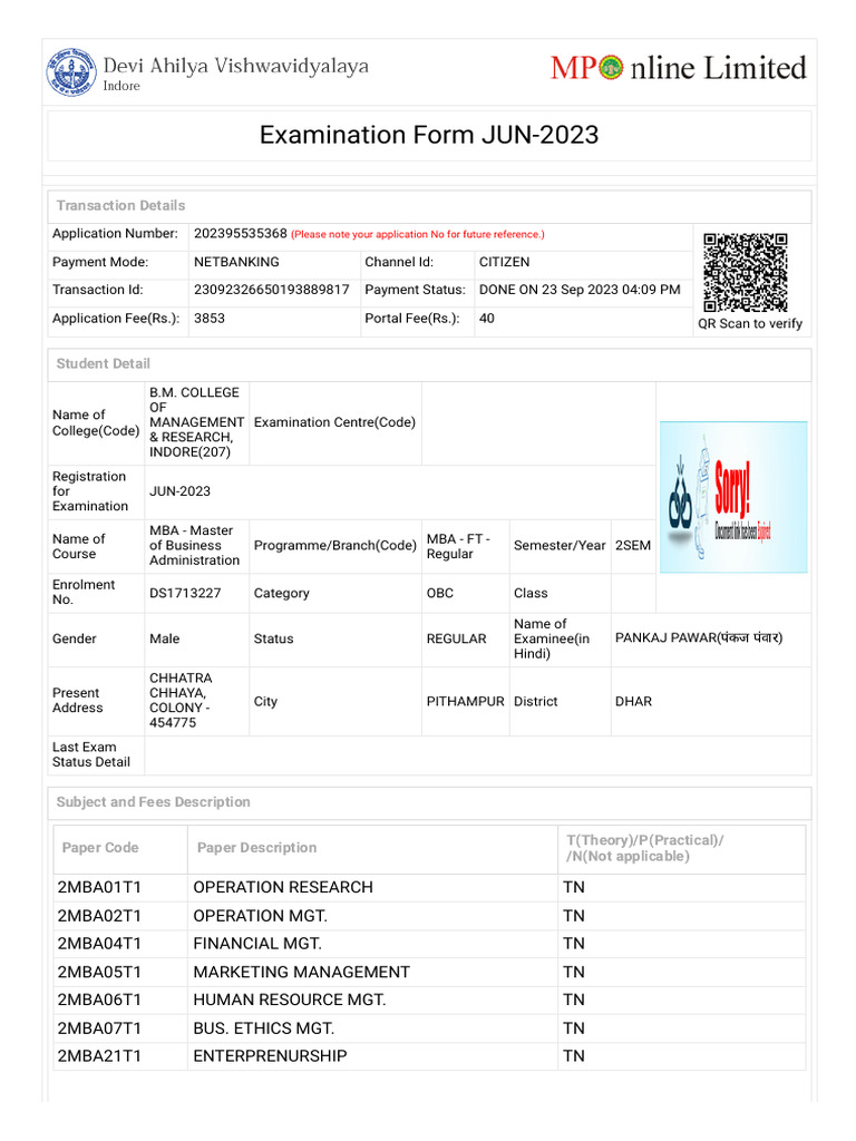 Exam Form 2sem | PDF