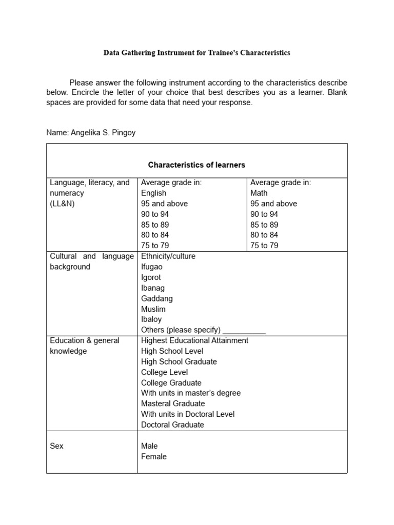 Data Gathering Instrument For Trainee | PDF | Learning | Learning Styles