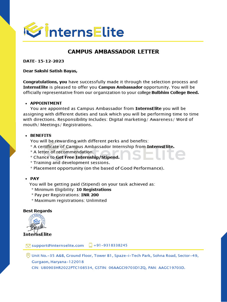 Campus Ambassador Letter - Sakshi Satish Bayas | PDF | Career & Growth ...