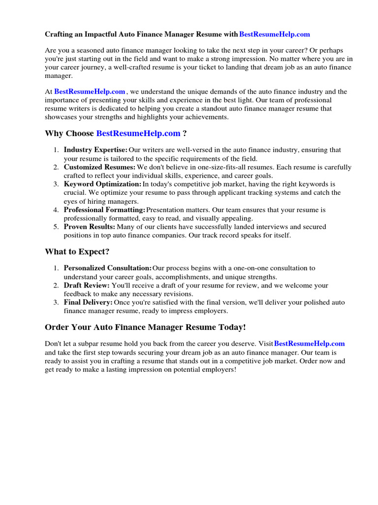 Auto Finance Manager Resume | PDF | Résumé | Loans