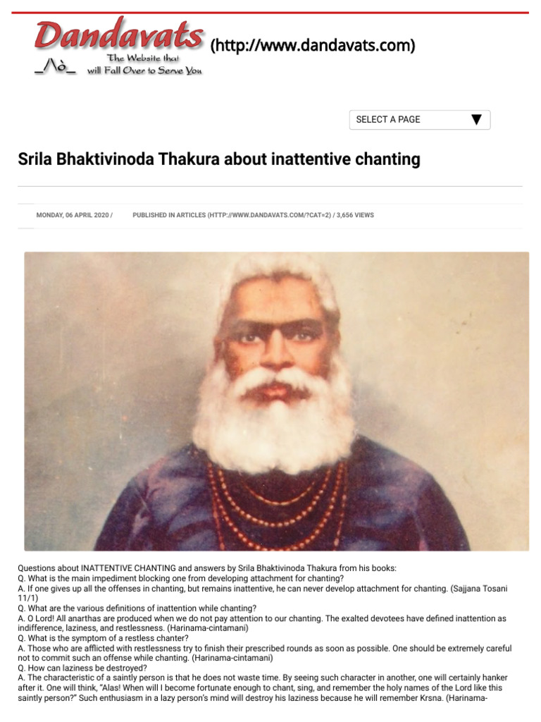 Dandavats - Srila Bhaktivinoda Thakura About Inattentive Chanting | PDF | Krishna | Hinduism