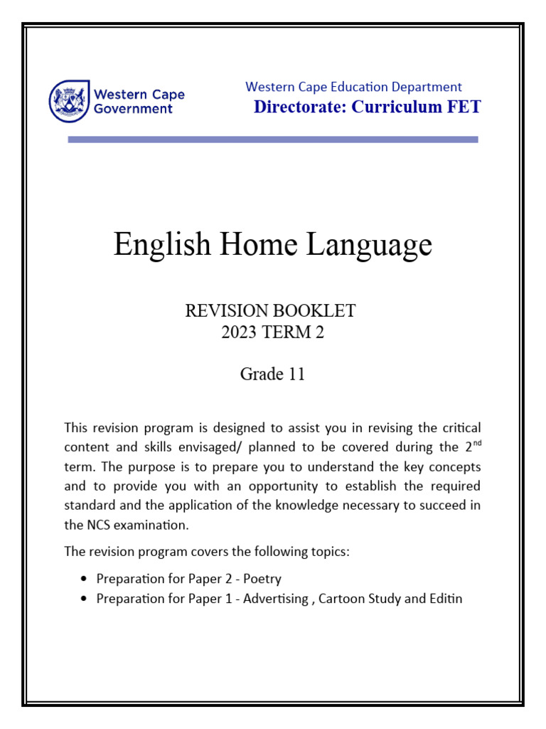 EHL Grade 11 Revision For Term 2 2023 | PDF | Poetry | Sonnets