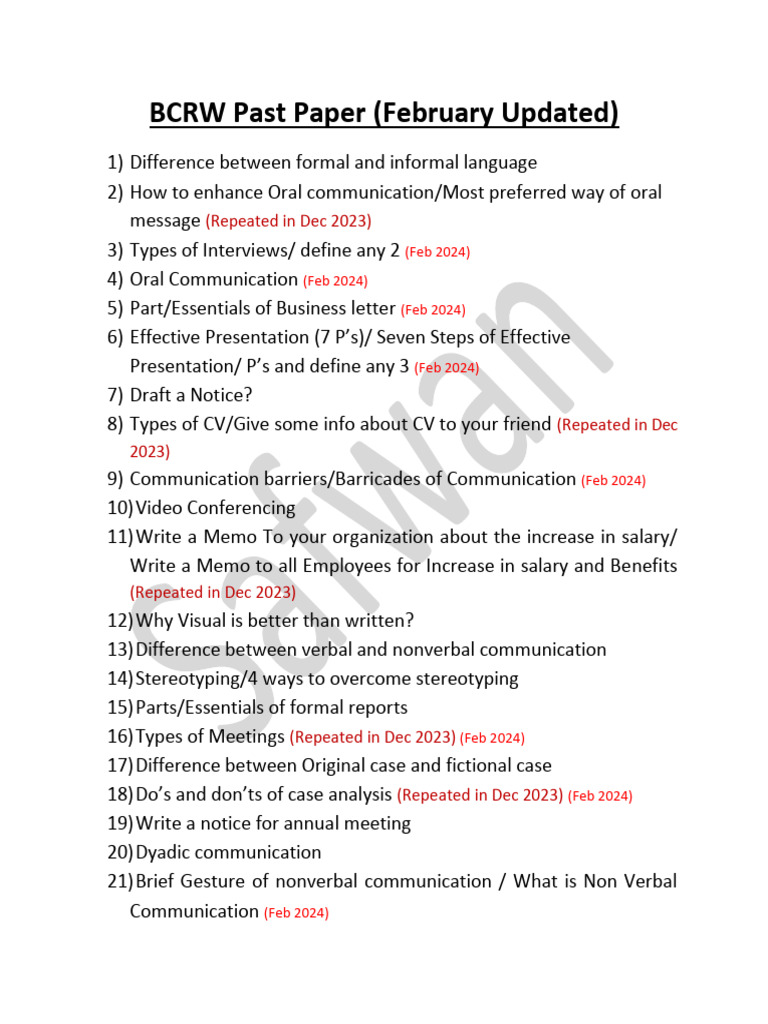 BCRW Past Papers (Feb Updated) | PDF | Communication | Nonverbal ...