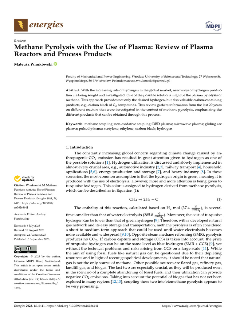Methane Pyrolysis With The Use of Plasma Review of | PDF | Plasma ...