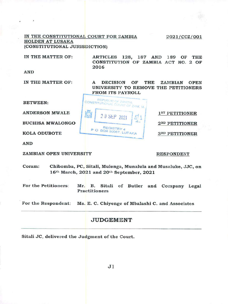 2021 CCZ 001 Anderson Mwale 2 Others Vs Zambian Open University ...