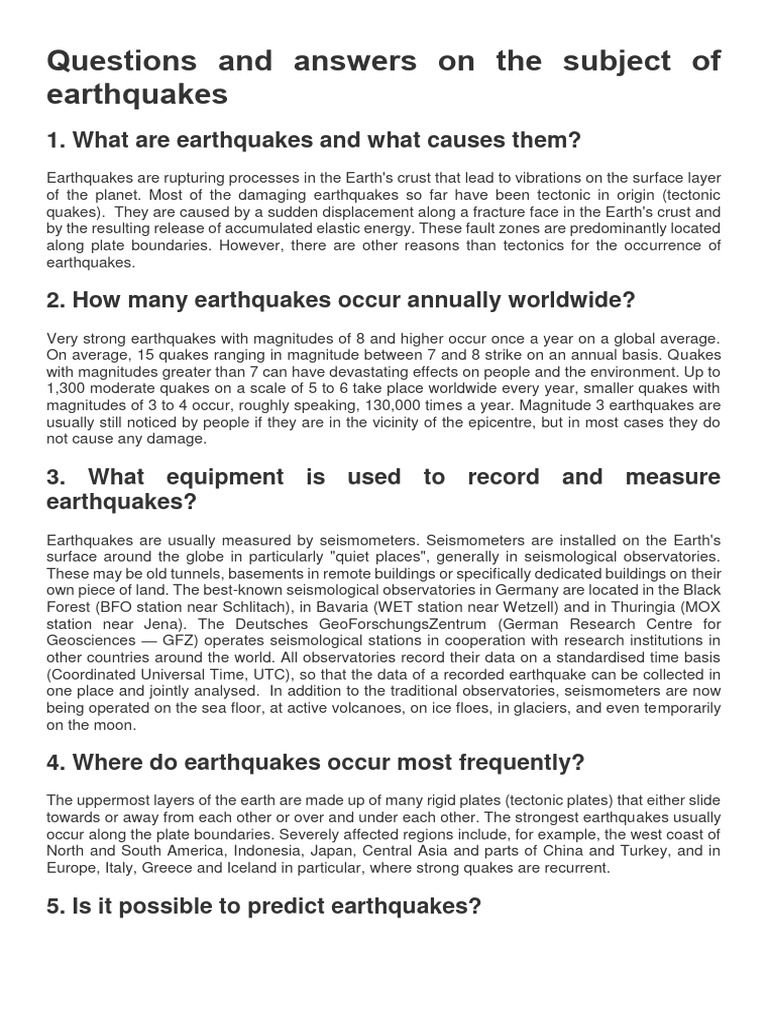 Questions and Answers On The Subject of Earthquakes | PDF | Earthquakes ...