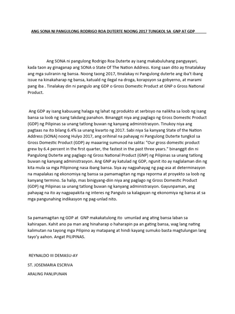 Ang Sona Ni Pangulong Rodrigo Roa Duterte Noong 2017 Tungkol Sa GNP at ...