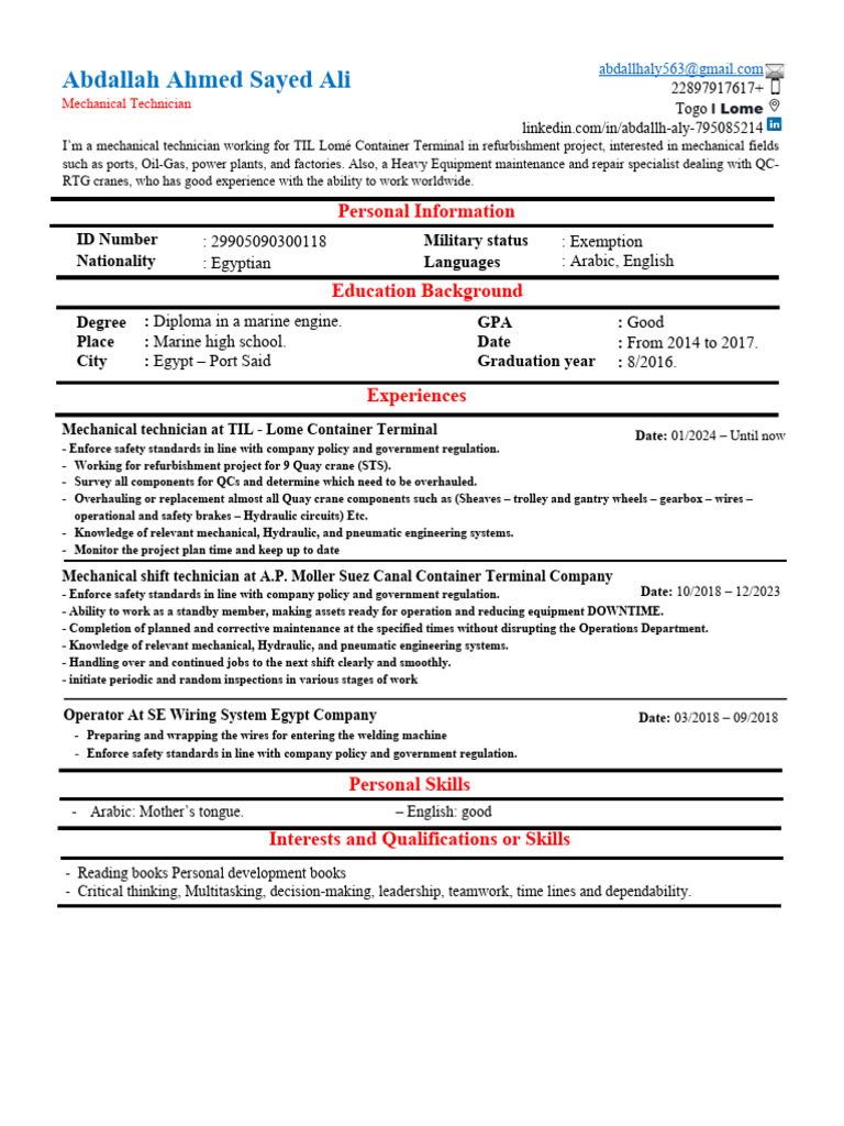 Abdallah El-Sayed - Mechanical Technician CV | PDF | Crane (Machine) | Engineering