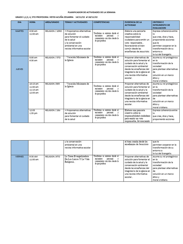 Planificador de Actividades de La Semana Religion | Descargar gratis PDF | Moralidad