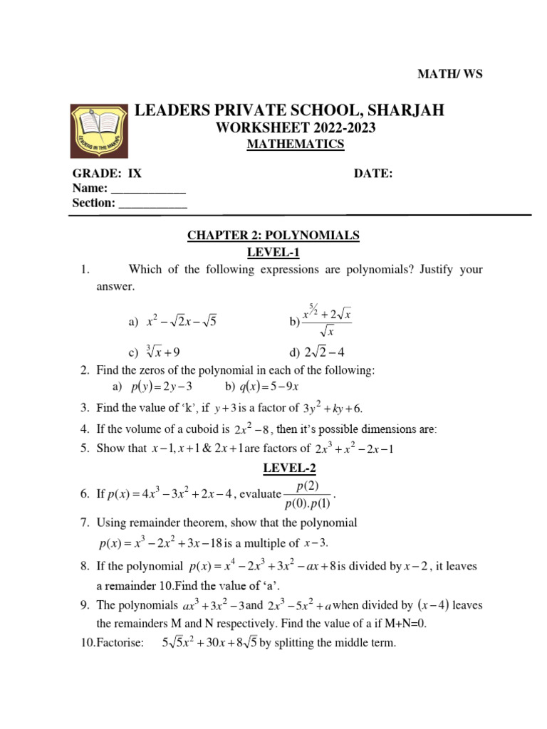 Grade 9 Worksheet Polynomials | Download Free PDF | Polynomial ...