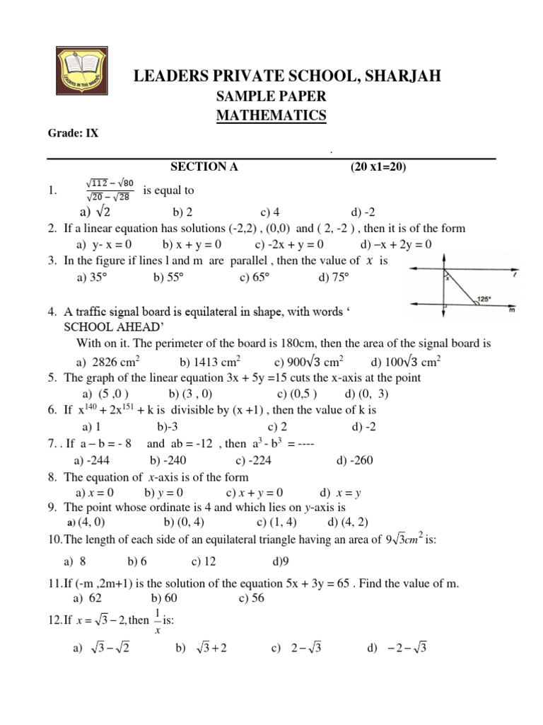 Grade9 Sample Paper | PDF | Triangle | Euclid