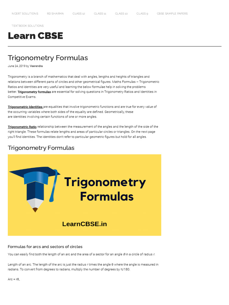Trigonometry Formulas For Functions, Ratios and Identities PDF | PDF ...