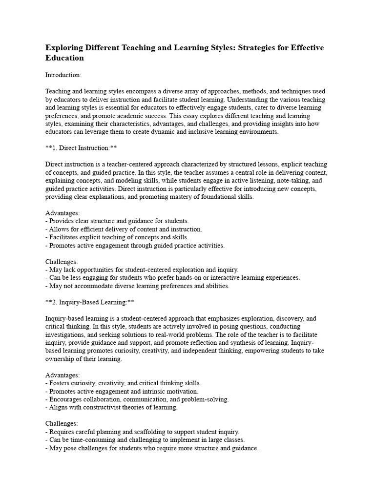 Exploring Different Teaching and Learning Styles - Strategies For Effective Education | PDF ...