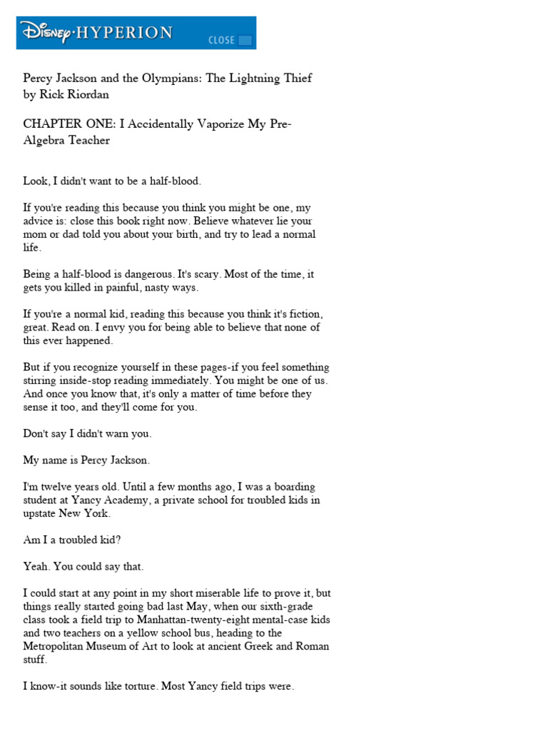 Percy Jackson and The Olympians - The Lightning Thief - Chapter 1 | PDF