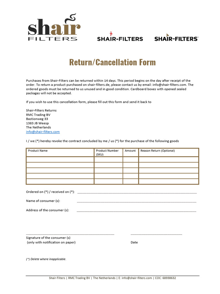 Return Form for Shair-Filters Orders | PDF