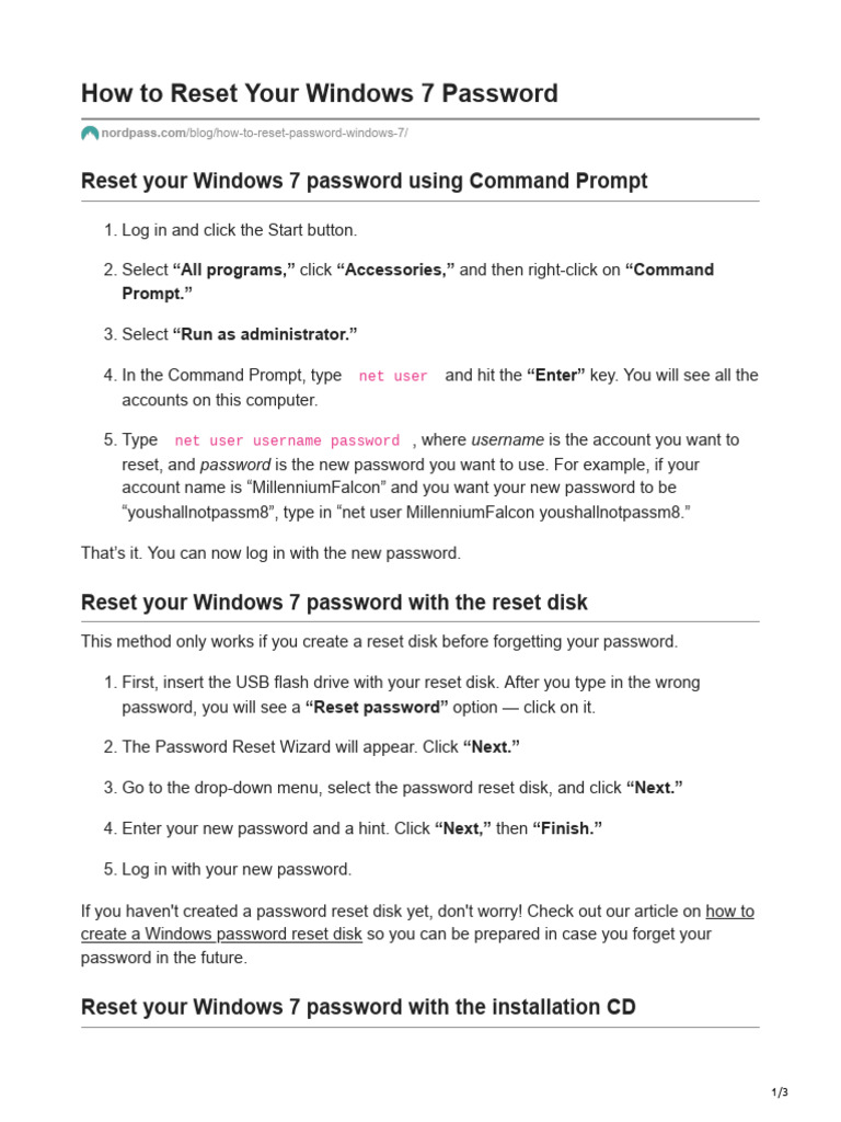 Reset Windows 7 Password Guide | PDF | Password | Booting