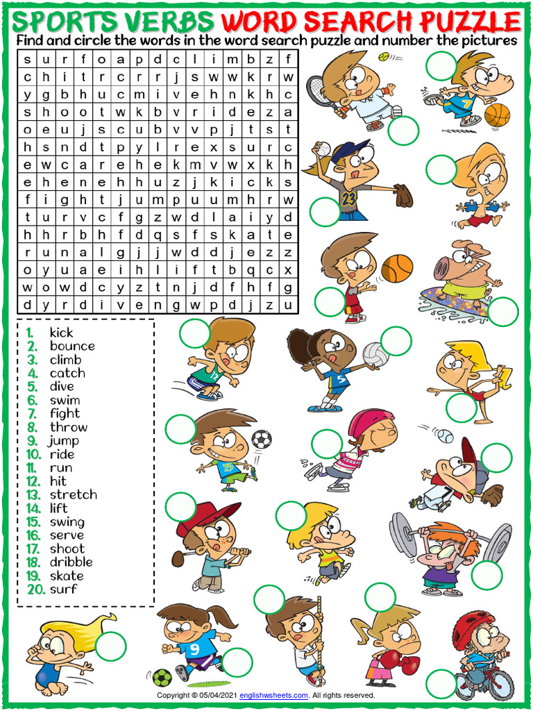 Sports Verbs Vocabulary Esl Word Search Puzzle Worksheet For Kids | PDF