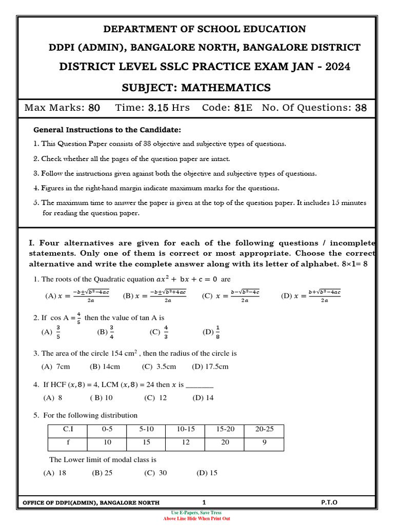 10th STD Maths District Level Preparatory Exam Paper Eng Version 2023 ... 10th STD Maths District Level Preparatory Exam Paper Eng Version 2023 ...