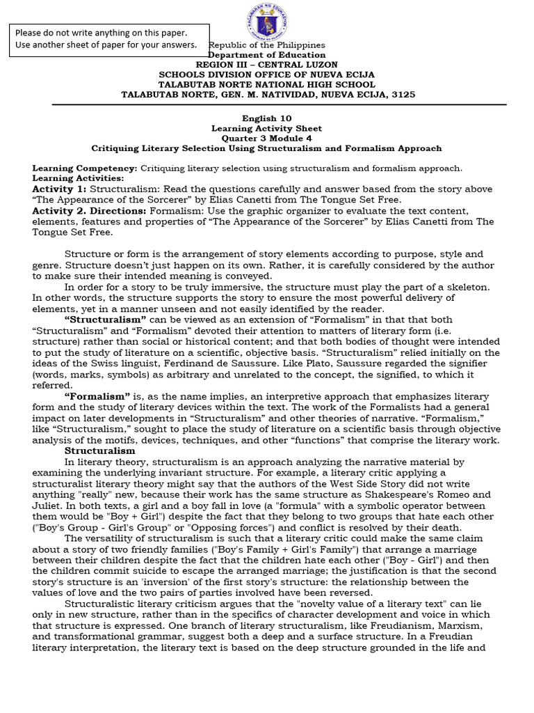 English 10 - Q3 - M4 Structuralism and Formalism | PDF | General Fiction