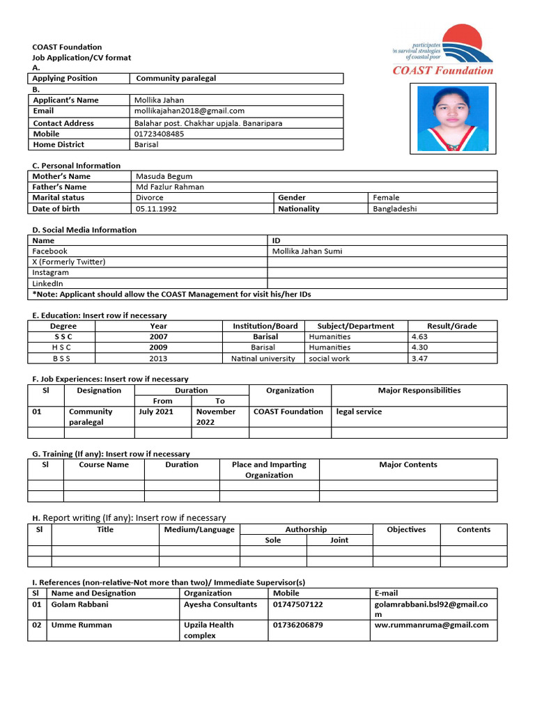 COAST Foundation Job Application Format | PDF