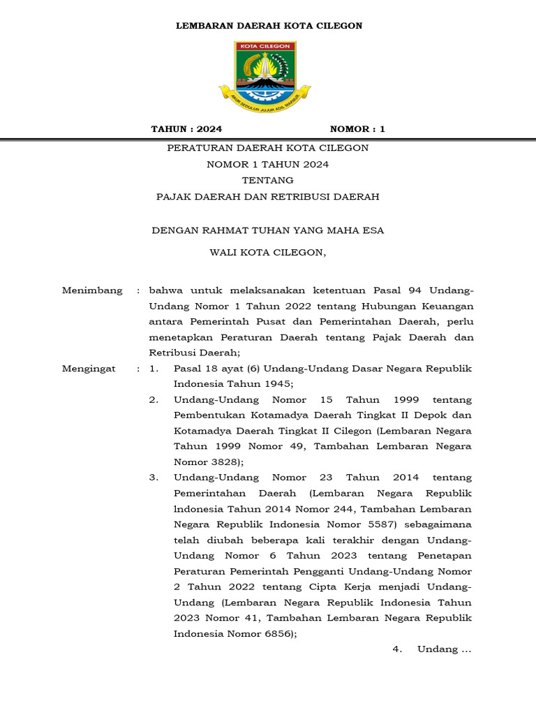 Perda No 1 2024 Tentang Pendapatan Daerah Retribusi Daerah | PDF