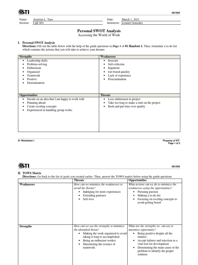 01 Worksheet 1 SWOT Taro | Download Free PDF | Swot Analysis | Social ...