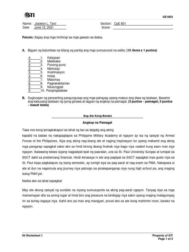 04 Worksheet 1 (4) Taro | PDF
