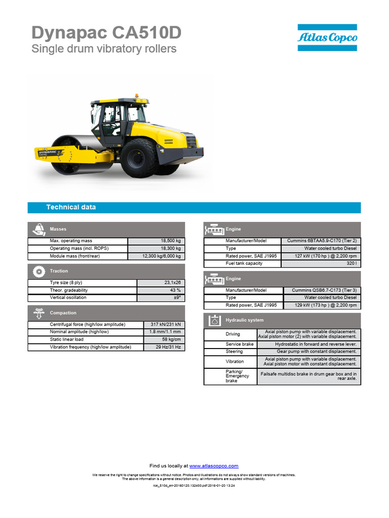 Dynapac CA510D Vibratory Roller Specs | PDF | Horsepower | Engines