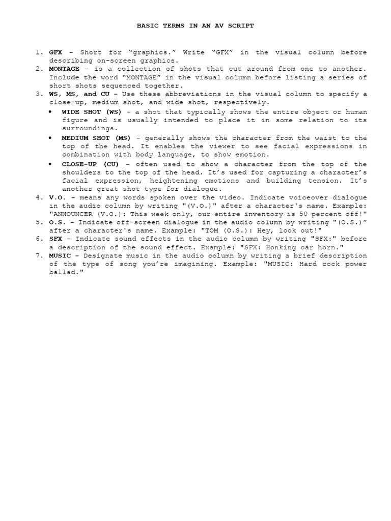 BASIC TERMS IN AN AV SCRIPT and SAMPLE | PDF