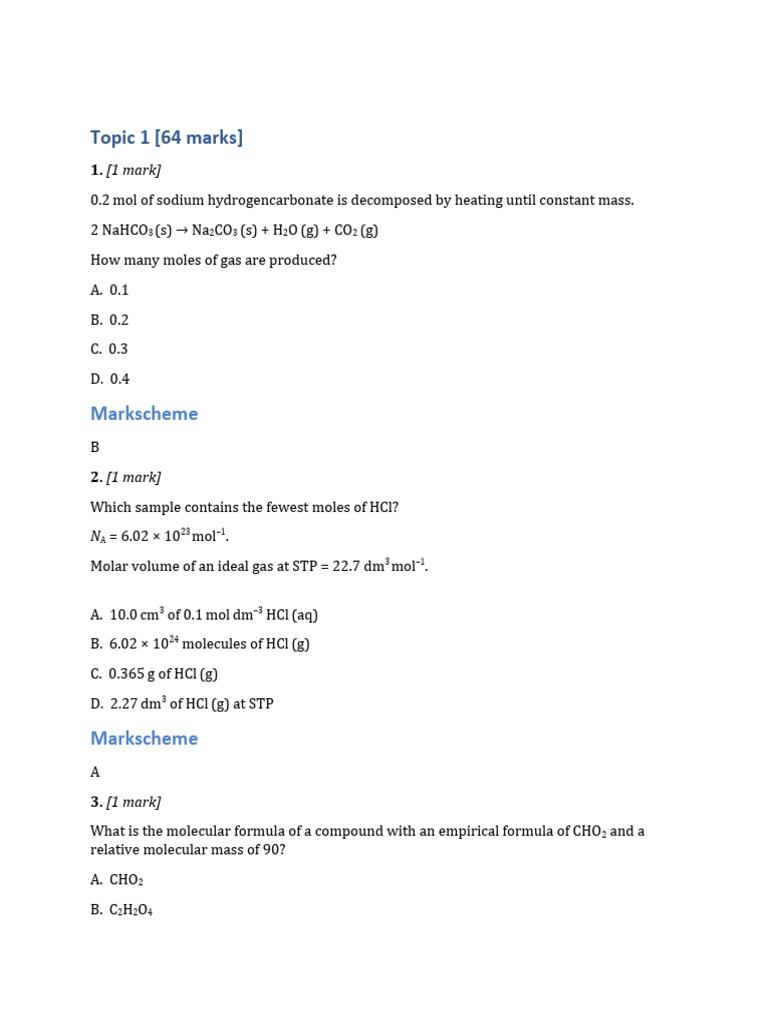 Topic 1 Chemsitry Stoichiometry | PDF | Mole (Unit) | Gases