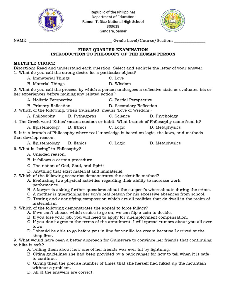 1ST Quarter Exam IPHP | PDF