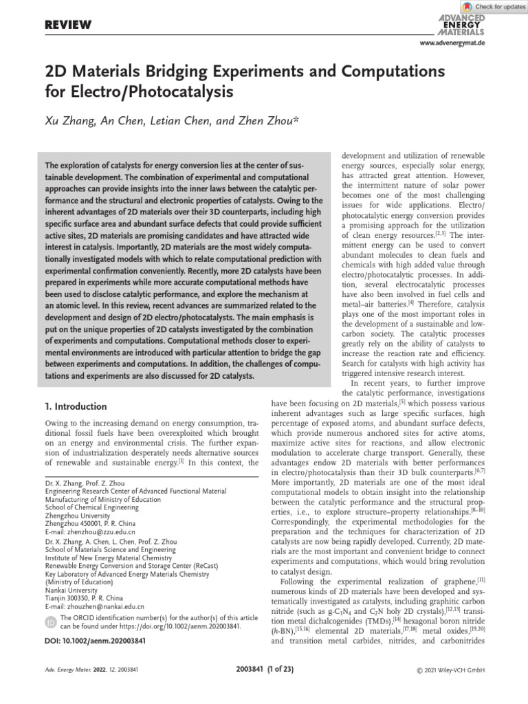 Advanced Energy Materials - 2021 - Zhang - 2D Materials Bridging Experiments and Computations ...