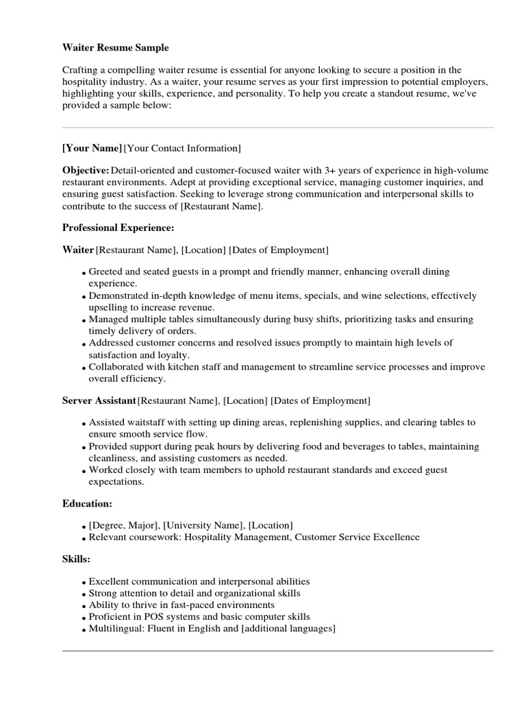 Waiter Resume Sample | PDF | Waiting Staff | Restaurants