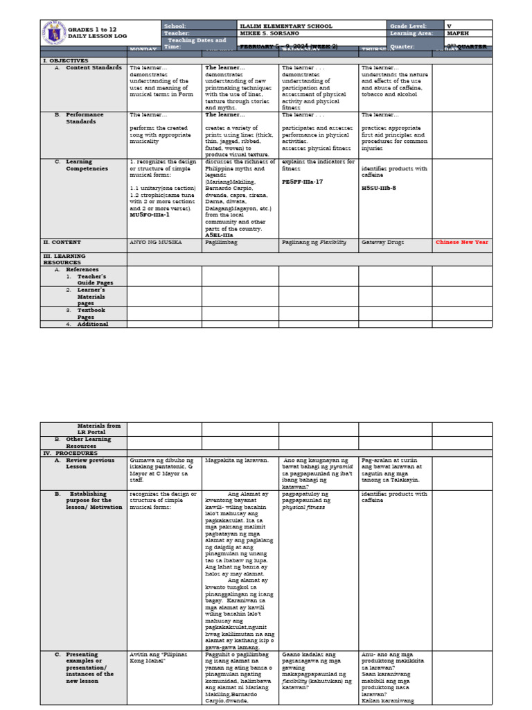 DLL Mapeh-5 Q3 W2 | PDF | Learning
