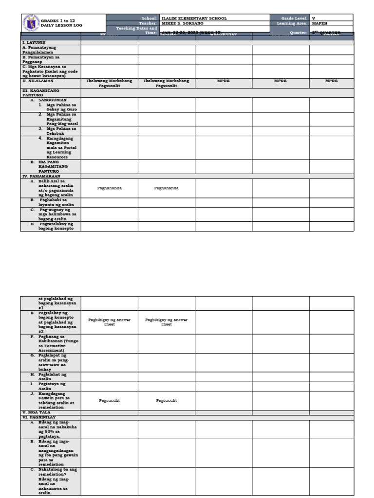 DLL Mapeh-5 Q2 W10 | PDF