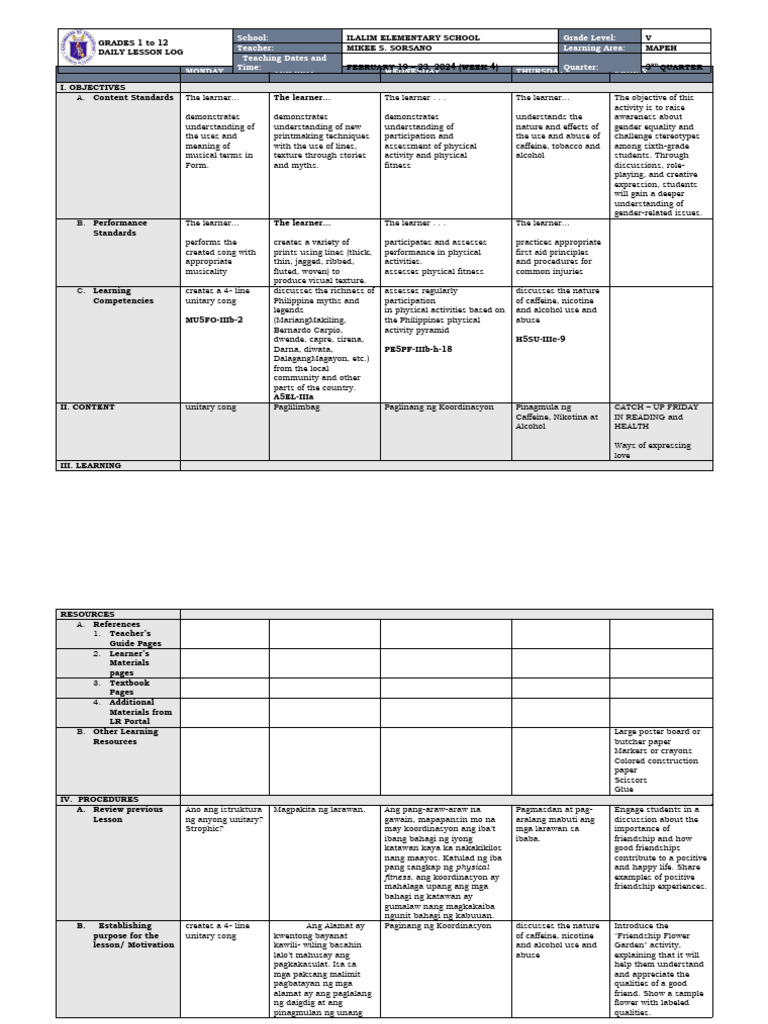 DLL Mapeh 5 Q3 W4 | PDF | Learning