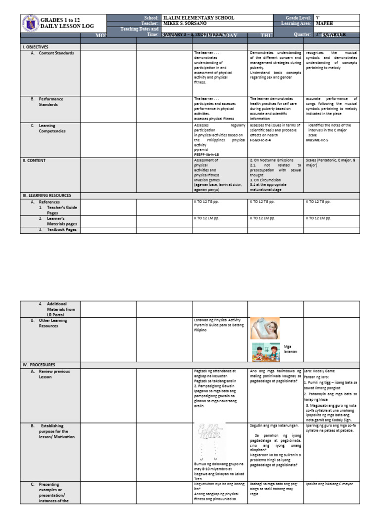 DLL Mapeh-5 Q2 W7 | PDF | Learning | Cognition