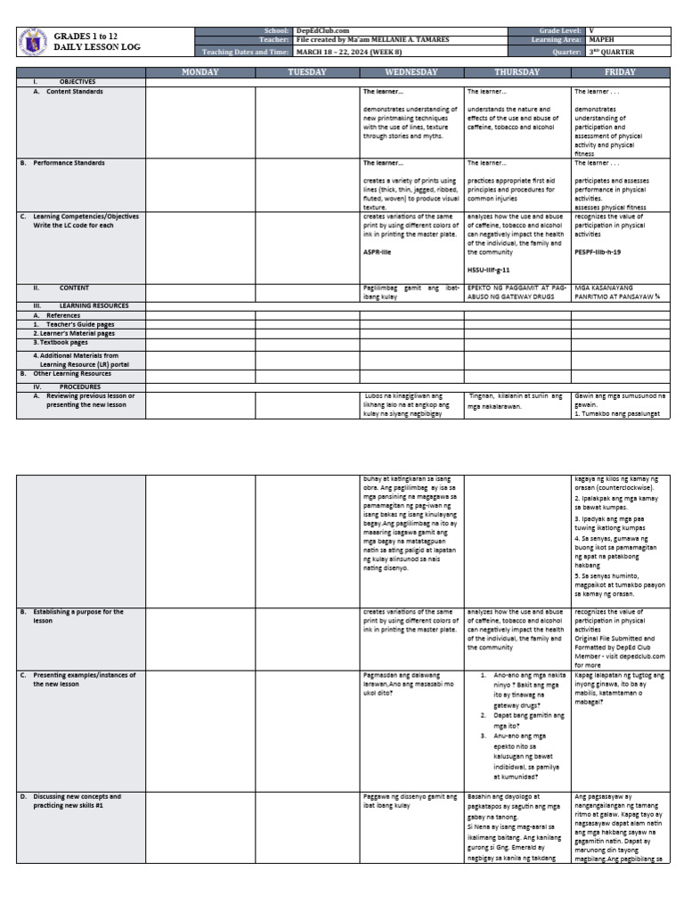DLL_MAPEH 5_Q3_W8 | PDF | Differentiated Instruction | Learning