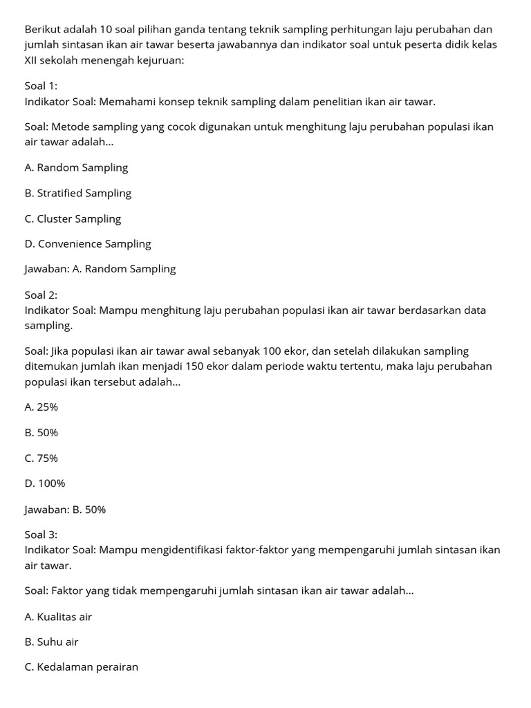 Berikut Adalah 10 Soal Pilihan Ganda Tentang Teknik Sampling Perhitungan Laju Perubahan Dan ...