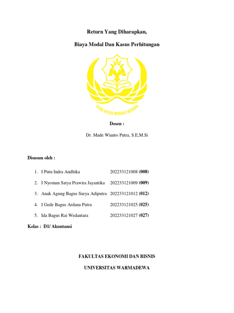 Return Yang Diharapkan, Biaya Modal Dan Kasus Perhitungan - Kelompok 5 - D1 Akuntansi | PDF ...