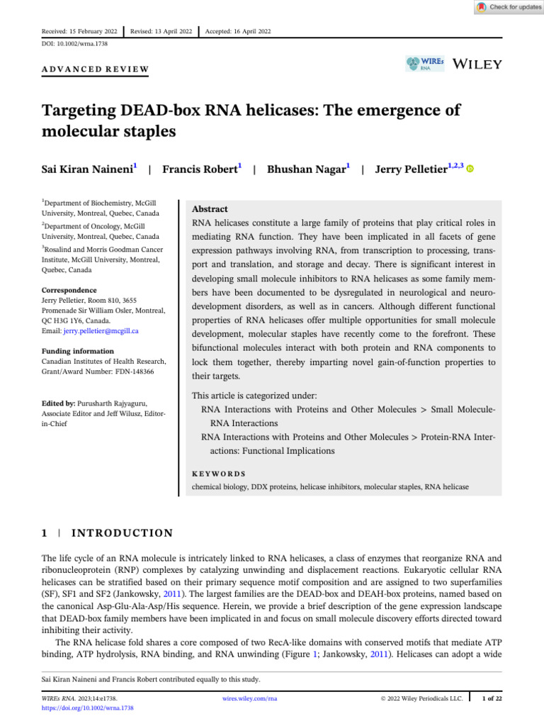 WIREs RNA - 2022 - Naineni - Targeting DEAD Box RNA Helicases The ...