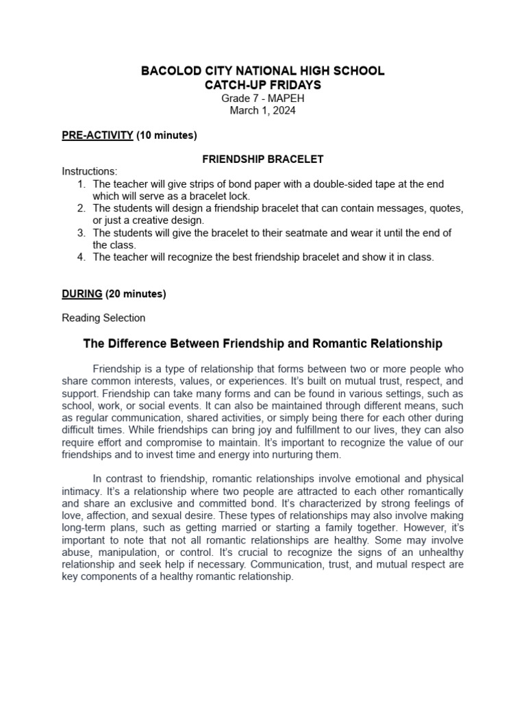 Friendship vs. Romantic Relationships Guide | PDF | Intimate ...