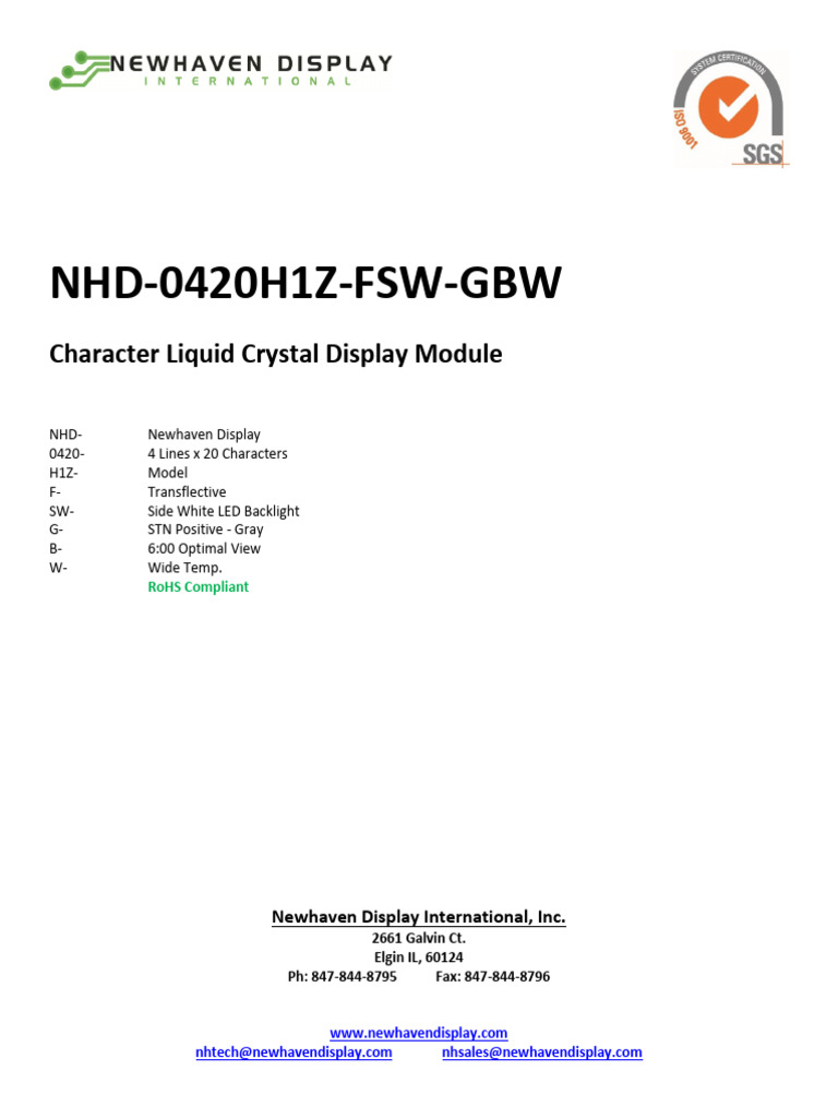 NHD-0420H1Z-FSW-GBW LCD Module Specs | PDF | Power Supply | Electrical ...