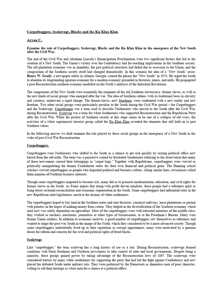 Reconstruction - Role of Carpetbaggers, Scalawags, Blacks and KKK | PDF