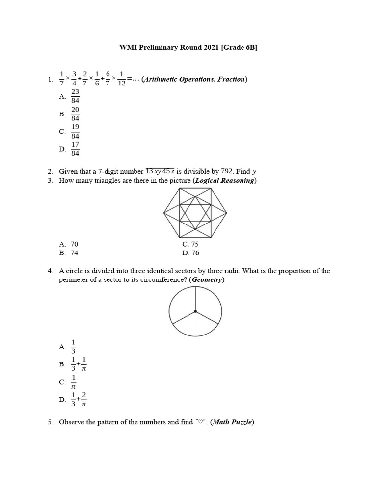 WMI 2021 Grade 6B Preliminary Paper | PDF