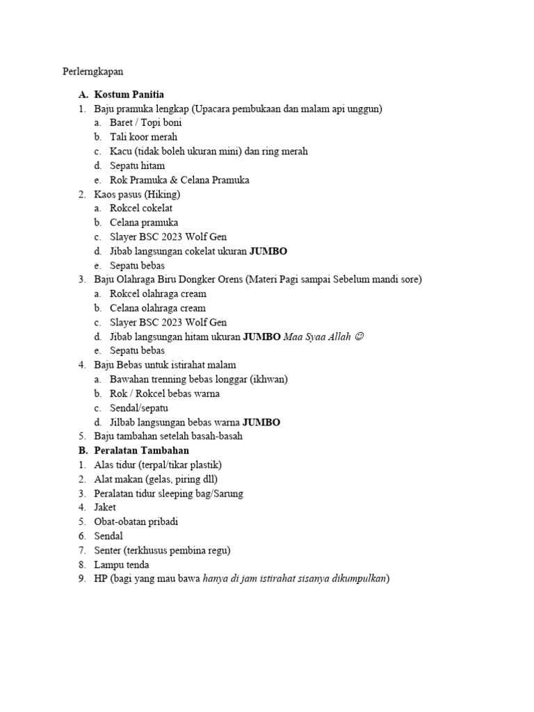 Perlengkapan Panitia Pasus BSC 2024 | PDF