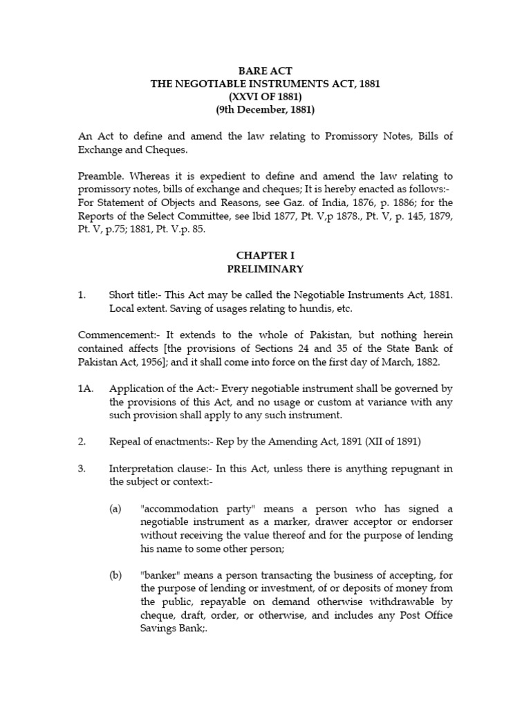 Negotiable Instruments Act 1881 | PDF | Negotiable Instrument | Cheque