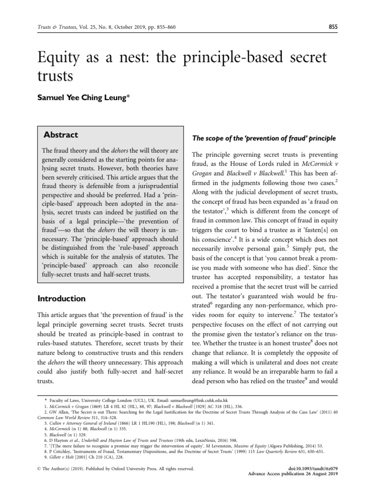 Equity As A Nest: The Principle-Based Secret Trusts: Samuel Yee Ching Leung | PDF | Civil Law ...