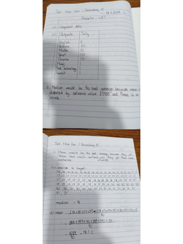 Thet Htar Zaw - Secondary 1E (Statistics UET) | PDF