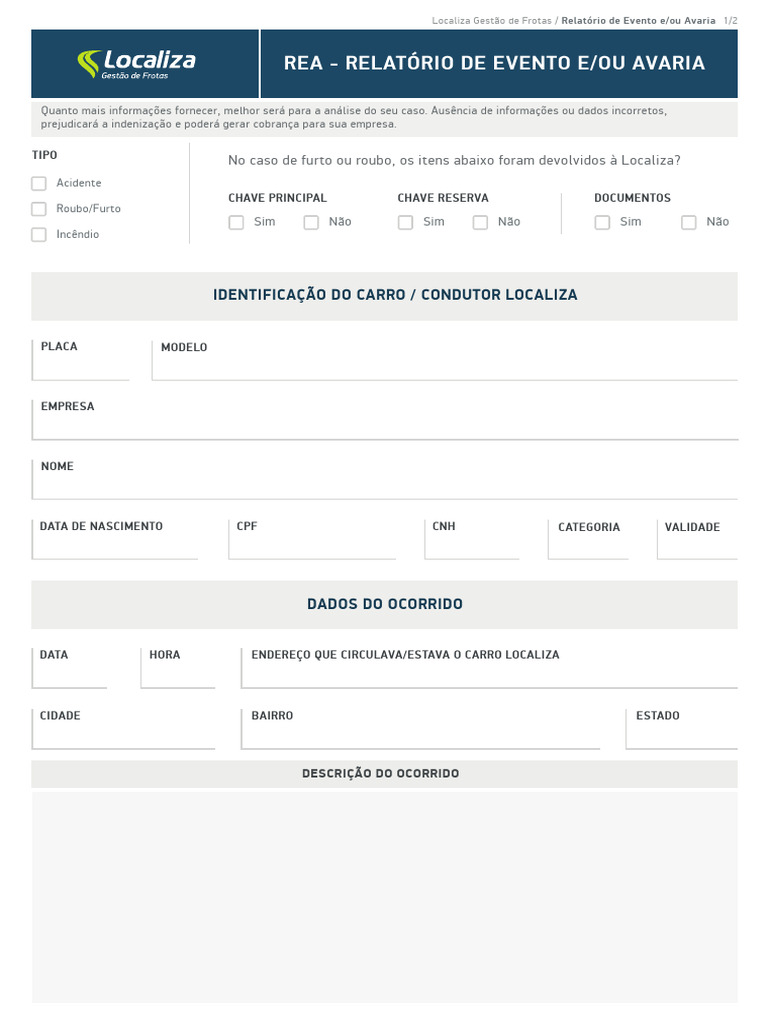 Relatorio de Evento e Ou Avaria - Localiza Fleet | PDF